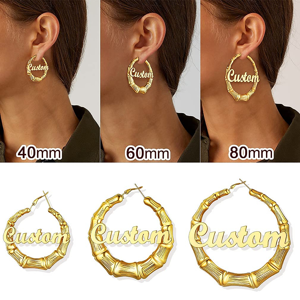 Custom4U Personalized Gold Hoop Earrings with Name Custom Bamboo Elegant Earrings Memory Jewelry Gifts for Women