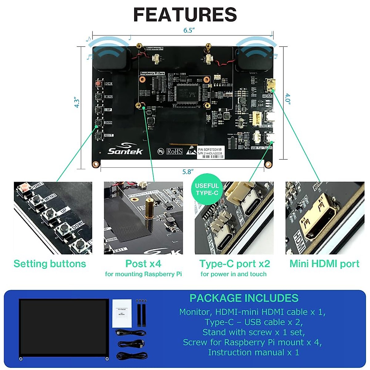 Santek High Brightness Raspberry Pi 5 Touchscreen, Portable Mini Monitor with HDMI, USB-C Powered Touch Panel IPS Screen, Build-in Dual Speakers, Compatible with RPI 5 4 3 Zero Win (7 inch)