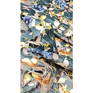 Decora Furnishings Soft and Thick Luxurious Velvet Fabric Digitally Printed Floral Design Upholstery Material for Sofa Cushion Chair Cover Craft - Width 54 inches - Fabric by The Yard (Aegean Blue)