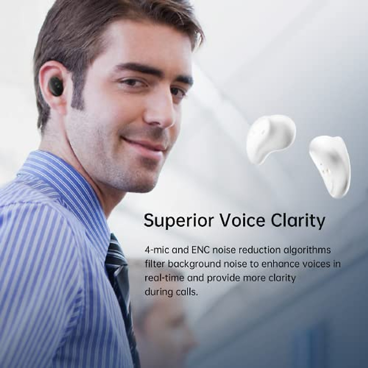 Aurasound 2022 Bluetooth 5.1 Noise Cancelling Earbuds, True Wireless Earphones, 4g Tiny Earbuds with 4 Microphone, Waterproof IPX4, Deep Bass, Stereo in Ear Earbuds Beans for Sleep and Work（White）