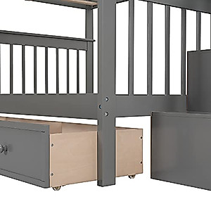 Harper & Bright Designs Full Over Full Bunk Bed with Stairs, Solid Wood Bunk Bed with Storage Drawers for Kids Teens Adults (Gray)