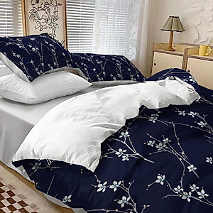 PRINTIUM 3pcs White Floral Queen Duvet Cover Set Dark Blue White Flower Printed Comforter Cover with Zipper Closure Soft Breathable Vintage Botanical Navy Bedding Set