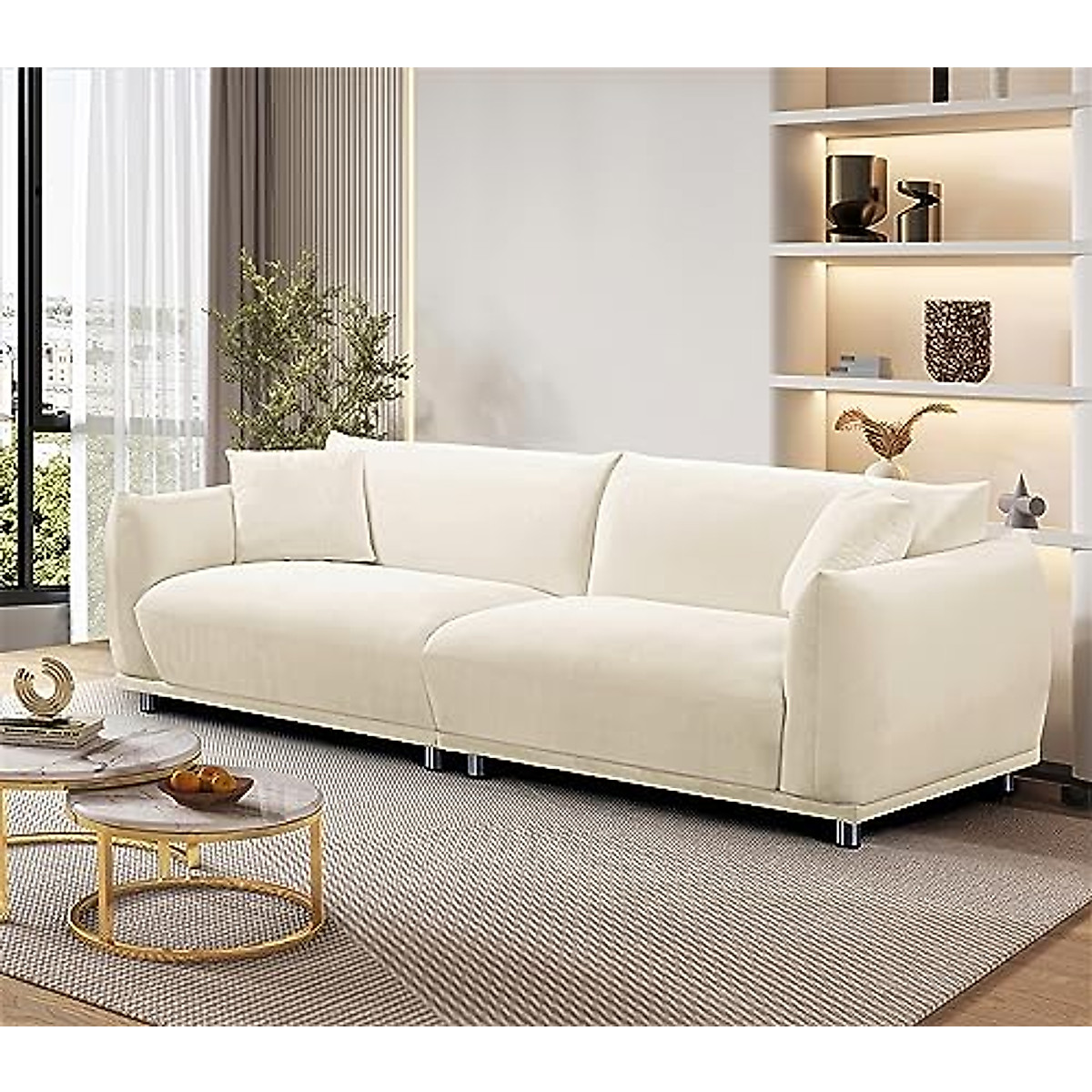Container Furniture Direct Stylish and Luxurious Velvet Sofa with Modern Corner Design, Living Room Furniture with Minimalist Vibes, Two Accent Pillows Included, Cream White