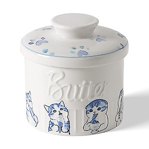 Toptier Butter Crock for Counter With Water Line, On Demand Spreadable Butter, Ceramic Butter Keeper to Leave On Counter, French Butter Dish with Lid, (Greedy Cat War)
