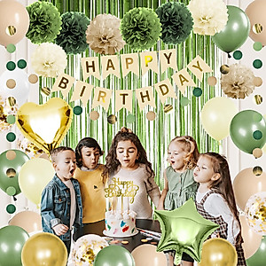 Lasocy Sage Green Happy Birthday Party Decorations Sage olive green Gold Retro Green Balloons Nude Happy Birthday Banner Neutral Rustic Botanical Greenery Décor Supplies for Women Girls Baby