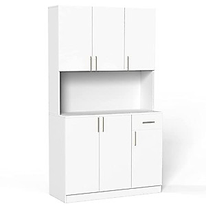 Kitchen Pantry Storage Cabinet 71” Pantry Large Kitchen White Freestanding Cabinet with 6 Doors and Drawer for Kitchen Dining Room, White