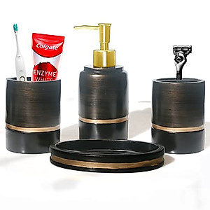 Resin Bathroom Accessories Set Including 1 Cups, 1 Toothbrush Holders, 1 Soap Dishes and 1 Soap Dispenser, Decor Bathroom Countertop, Vanity Organize, New Home Gift, Black