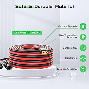 Bateria Power Solar to XT60 Charge Extension Cable 10AWG 25Ft, Solar Connector to XT60 Adapter Cable for Solar Panel to LiFePO4 Battery RV Portable Power Station Solar Generator,10AWG 25Ft