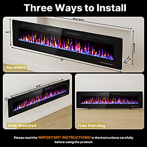 72" Ultra Thin Electric Fireplace, Wall Mounted & Freestanding, LED Fireplace Insert, Wall Fireplace for Living Room/Bedroom w/Touch Screen, Remote Control, 750W/1500W, Quiet, 8H Timer
