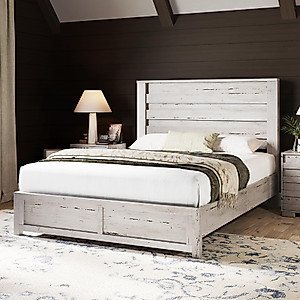 AMERLIFE Farmhouse Queen Size Bed Frame with 49" Fluted Headboard, Platform Bed with Natural Wood Grain, No Box Spring Needed/Noise Free, Distressed White