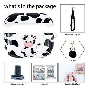 Cute Airpod Pro Case with Lanyard Keychain, ORATYFAN Air Pod Pro Hard Protective Charging Case Cover with Pom Pom Ball and Fadeless Patterns for Women Girls Gift(Cow)