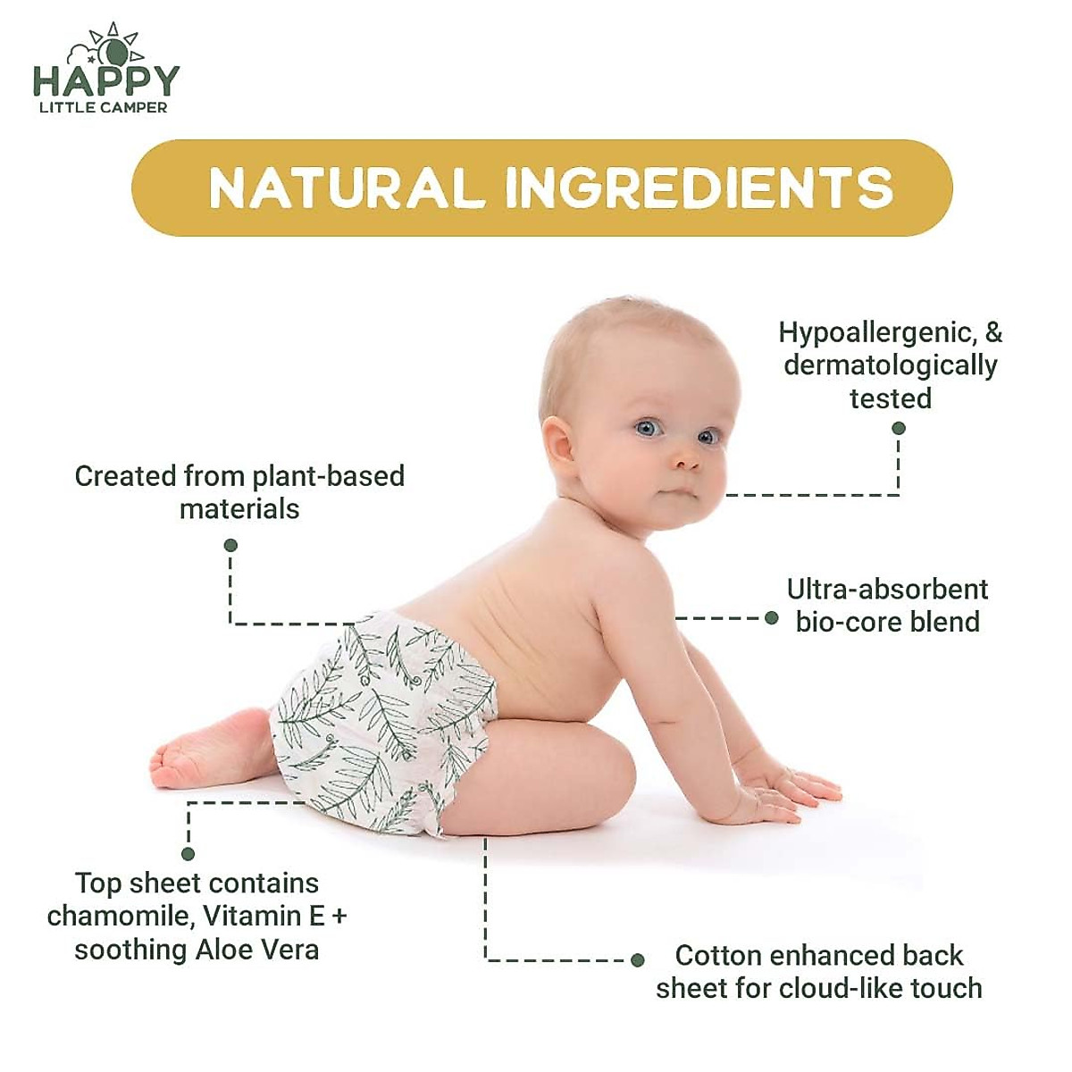 Happy Little Camper Natural Diapers Size 4 (22-37 lbs) - Disposable Cotton Baby Diapers with Aloe, Ultra-Absorbent, Hypoallergenic and Fragrance Free for Sensitive Skin(160) with Flushable Wipes(200)