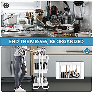 3 Tier Utility Rolling Cart - Storage Cart Organizer Cart Kitchen Cart Makeup Cart 3 Shelf Baby Tray Cart with Hanging Cups Trolley Handles and Wheels Use for Bathroom Kids Room Bedroom Office (White)