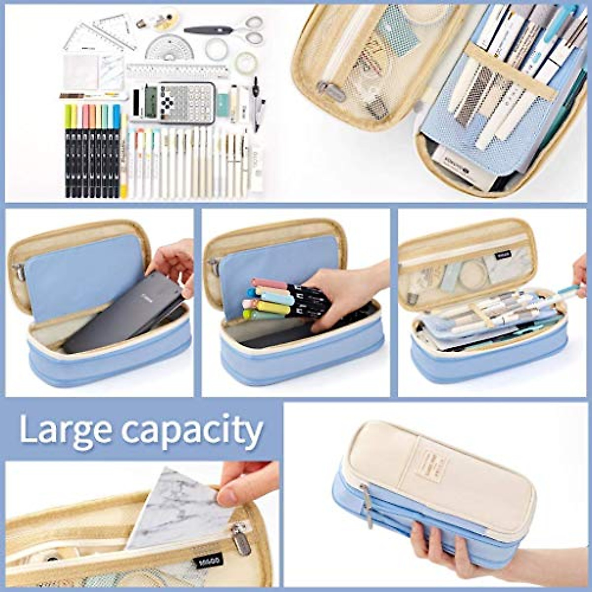 EASTHILL 2PC Big Capacity Pencil Case Pouch Large Pencil Bag for College School Teen Girls Boys Light blue + Navy