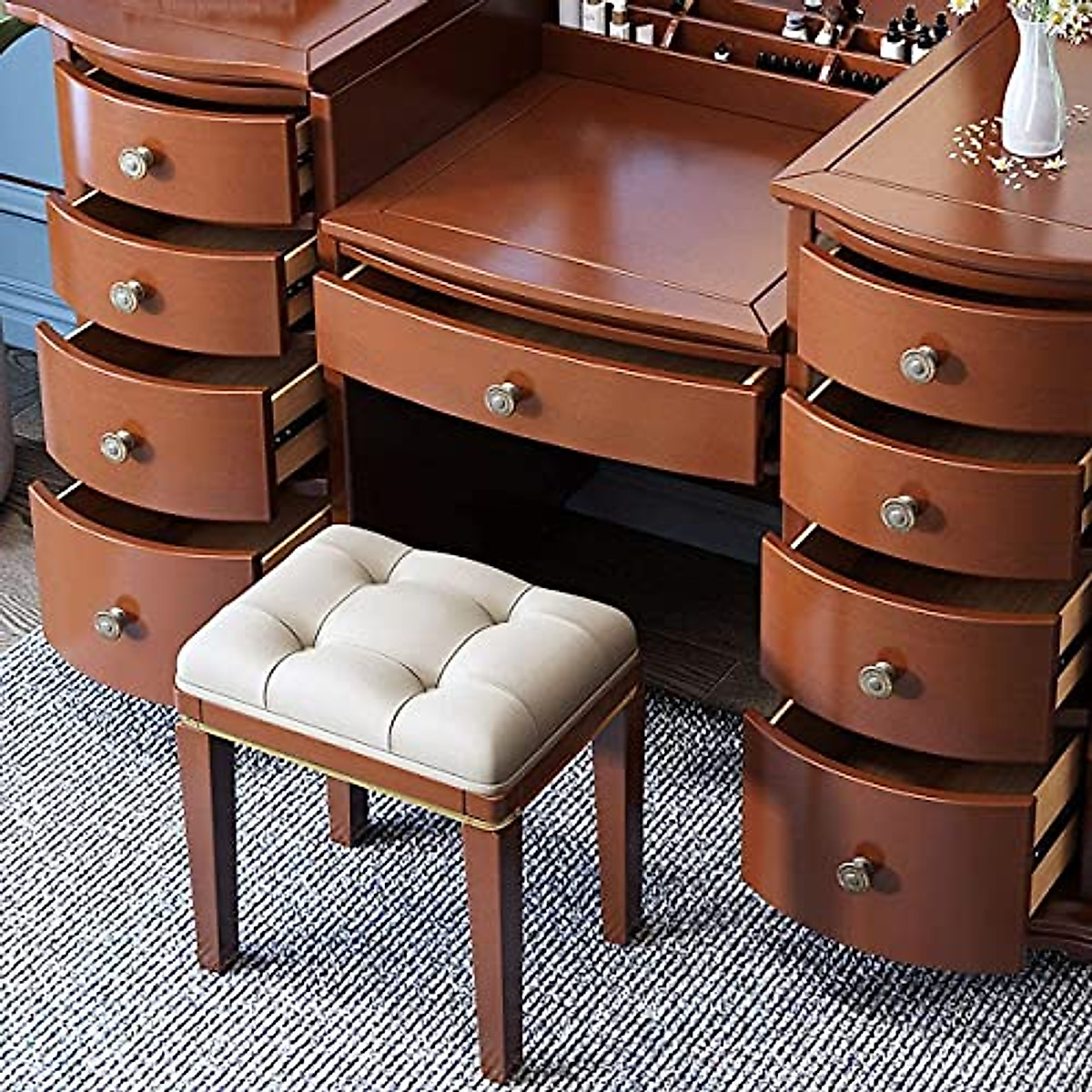 LEONYS Makeup Vanity Table Set with Round Mirror, Built-in LED Light, Dressing Desk with 9 Drawers and Cushioned Stool for Bedroom, for Women (Color : Brown)