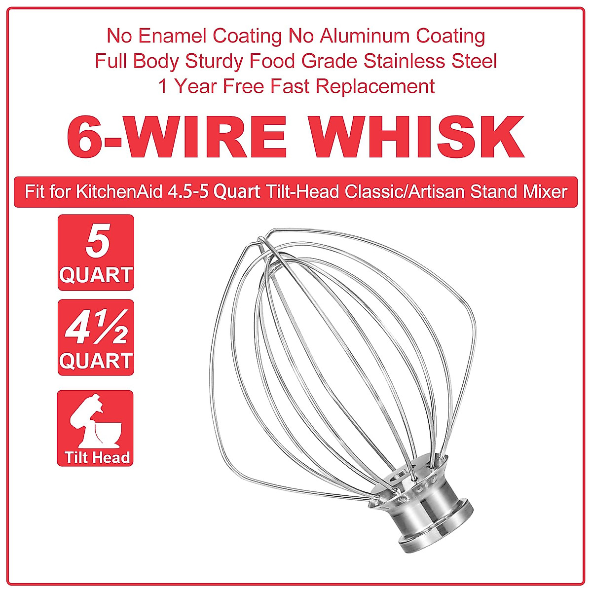 K45WW Stainless Steel Wire Whip for KitchenAid Artisan Series Tilt-Head Mixer 5 Quart Bowl, 6 Wire whisk Fits for Artisan Mixer, Heavy Duty, Dishwasher Safe, Balloon Whisk