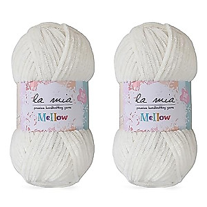 2 Skein La Mia Mellow Velvet Chenille Yarn for Knitting and Crocheting Baby Clothes, Blankets and Accessories, 100% Polyester, 100 gr (3.5 oz) / 115 m (125 Yards), Super Bulky, Cream - 910