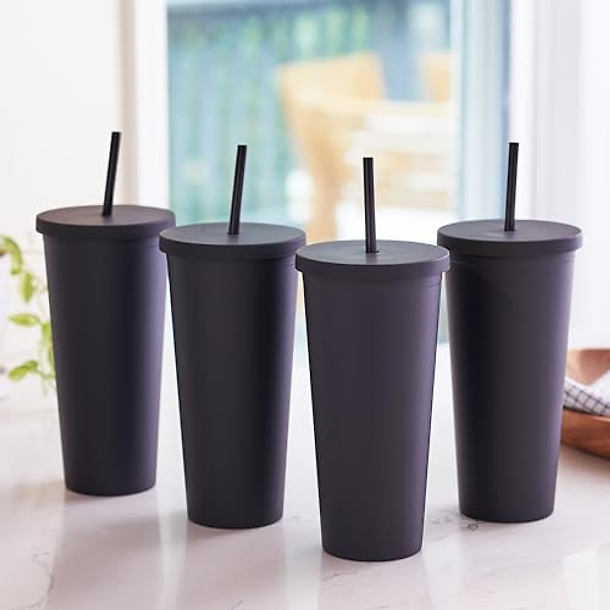 Zephyr Canyon 24oz Matte Black Tumblers with Lids and Straws - Pastel Double Wall Tumbler - Insulated Acrylic Cups for Hot & Cold Drinks, Spill-Proof Reusable Iced Coffee Cup, Set of 4