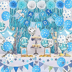 Light Blue Birthday Decorations, Blue Birthday Party Decorations with Tissue Pom Pom flowers, Happy Birthday Banner, Confetti Balloons, Foil Fringe Curtain, Happy Birthday Party Supplies for Men Women Boys Girls - Light Blue and White