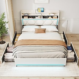 Full Size Bed Frame with Storage Headboard and 4 Drawers, Platform Bed Frame with Charging Station & RGB Lights, Noise-Free, Heavy Duty Wood Slats, No Box Spring Needed, Noise-Free