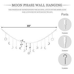 Mkono Moon Phase Wall Hanging Boho Aesthetic Room Decor Metal Moons Garland Hanging Art Bohemian Home Decoration for Girls Room Nursery Bedroom Livingroom Dorm, Ideal Gift, Silver, 55"