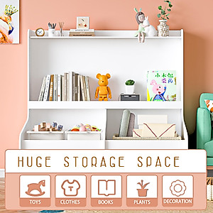 Azheruol Cubby Toy Storage Cabinet 3 Tier Wooden Children Bookcase,Toy and Book Storage Organizer Shelf for Playroom, Bedroom, Living Room, Nursery, School (White)