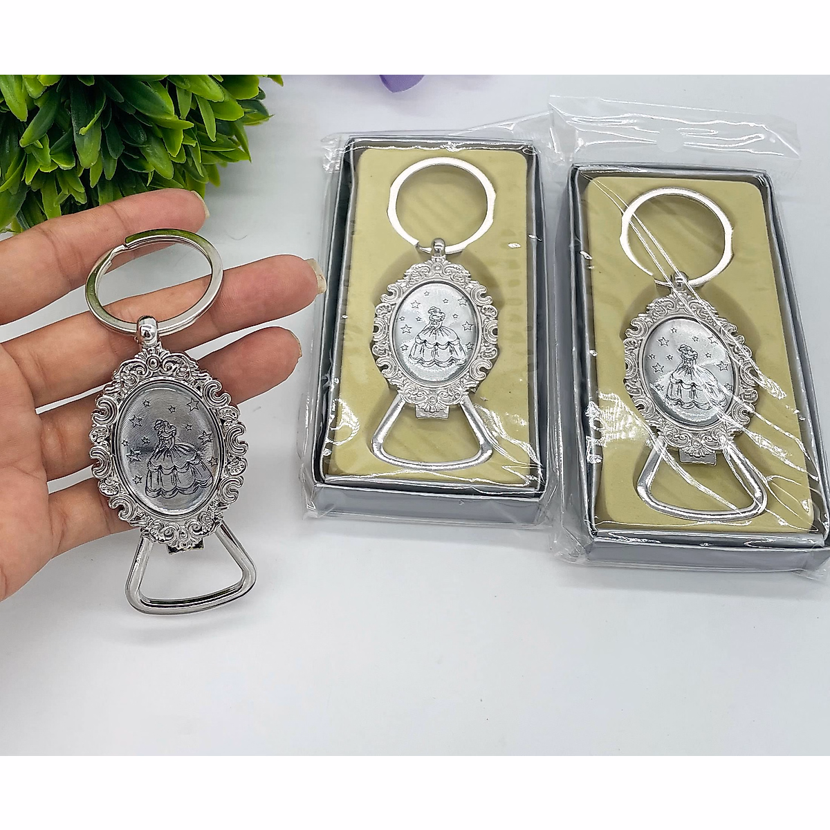 RBN Quinceañera Keychain Bottle Opener Favor - Sweet 15 Mis Quince 15 Birthday Sweet Sixteen Silver Color Metal Key Ring Gift for Guests - 12 PCS, 12.0 Count