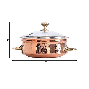 IndianArtVilla Steel Copper Handi Bowl with Brass Handle & Glass Lid, Serving Indian Dishes, 24 OZ