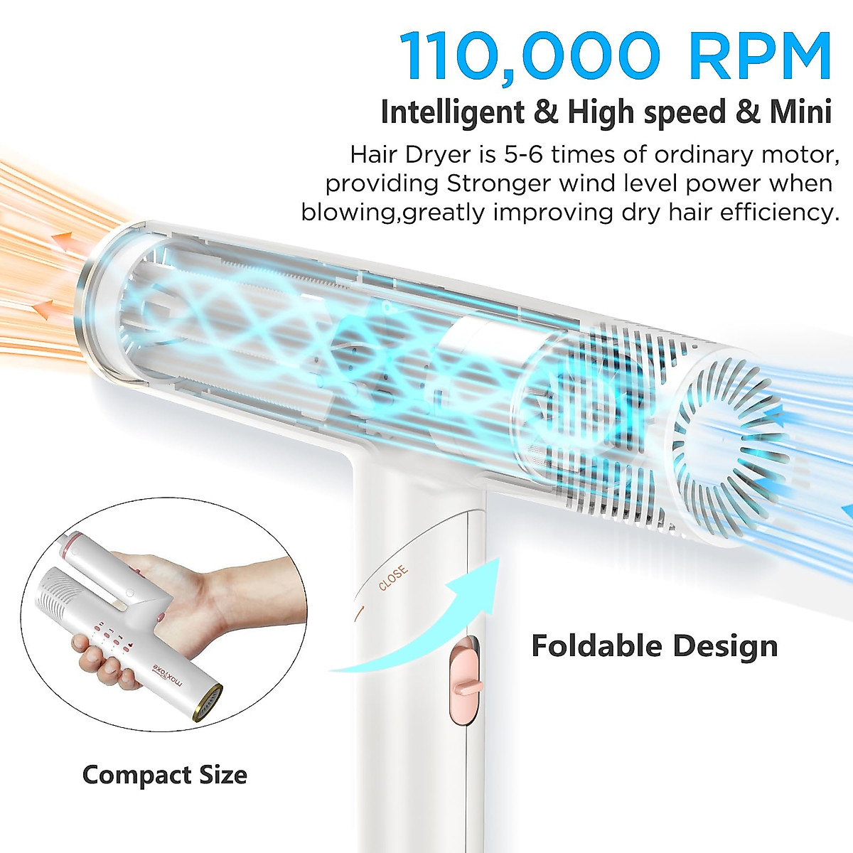 Maxfoxe Hair Dryer for Women, Blow Dryer Set 9 Modes Foldable Ionic Professional High Speed Fast Drying Brushless Compact Blower Magnetic Concentrator Nozzle Diffuser Attachment for Home,Hotel,Salon