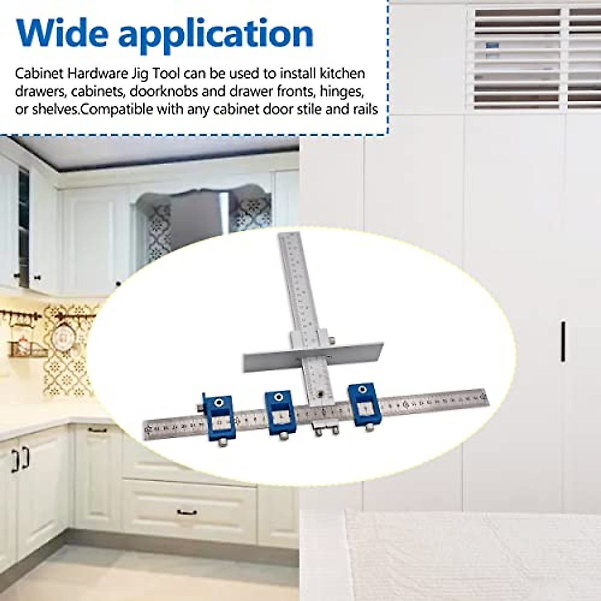Quick-Set Cabinet Drilling Jig/Template for Easy Installation for Handles and Knobs on Doors and Drawer Fronts-Blue Stainless Steel.