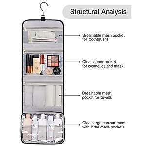 Relavel Toiletry Bag, Travel Hanging Toiletry Bag for Men and Women, Makeup Cosmetic Bag Travel Organizer for Toiletries, Shampoo, Water-resistant Leather and Lining, Full Sized Container Travel Bag