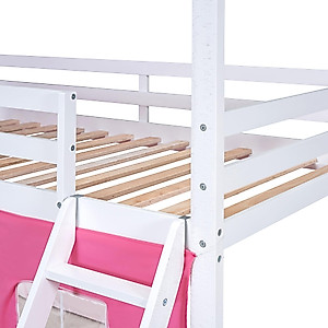 Favfurish Full Size Bunk Wood House Bed with Elegant Windows, Sills and Tent,Castle Design Wooden Bed Frame,w/Safety Guardrails & Ladder,for Kids,Teens,Boys,Girls,Pink+White
