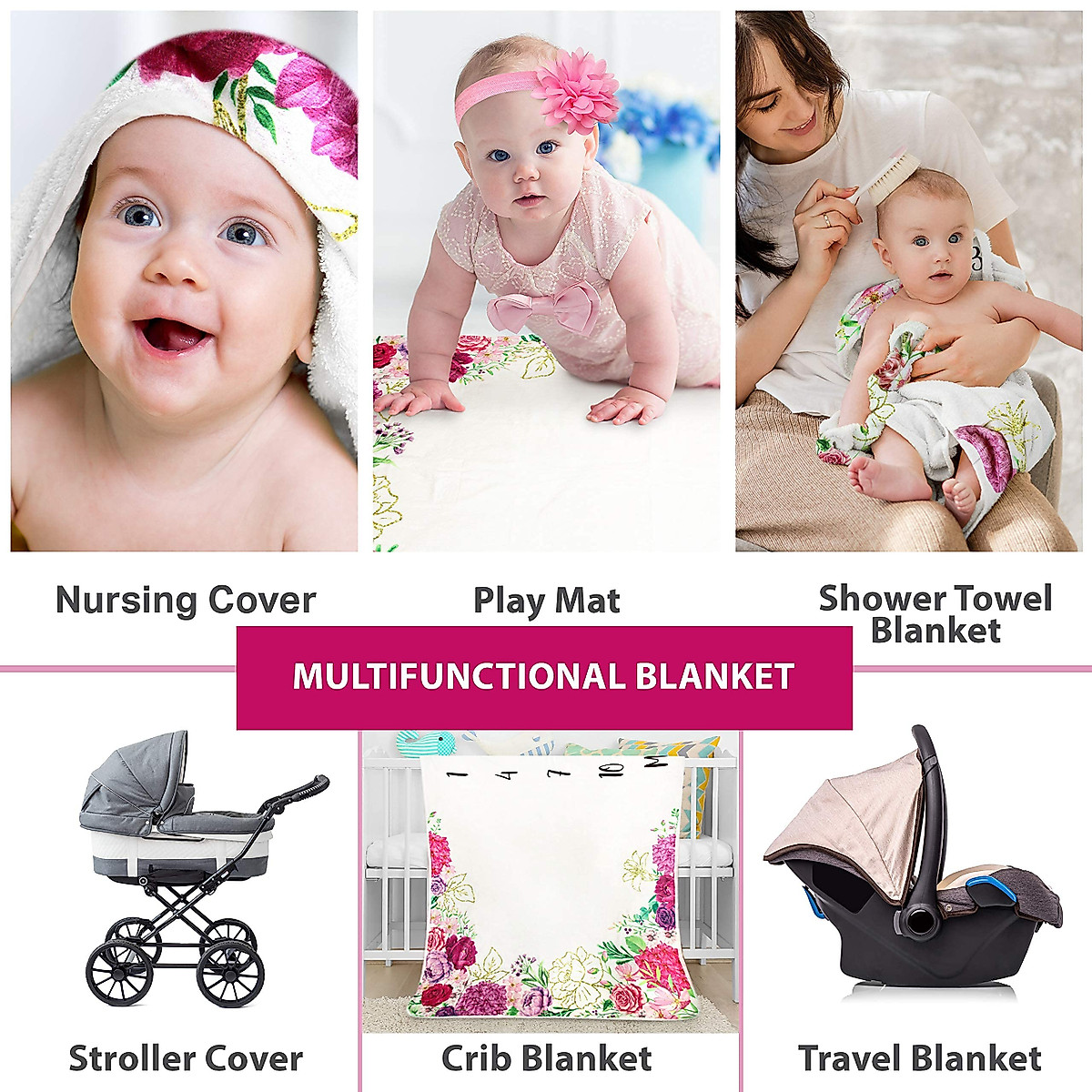 Baby Monthly Milestone Blanket Girl - Extra Soft, Large (60"X40") Thick Fleece - Baby Growth Chart Blanket - Baby Age Blanket for Photos - Baby Month Blanket Girls -Includes Headband and Floral Wreath