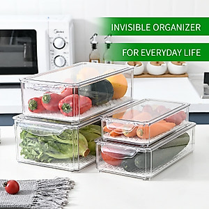 Pomeat 4 Pcs Fridge Organizers, Stackable Refrigerator Organizer Bins with Lids, Plastic Storage Bins, BPA-Free Fridge Organizers and Storage Clear for Food, Drinks, Fruits, Vegetable