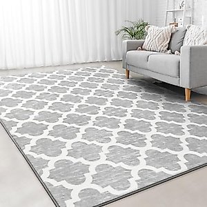 Jelymark Shag Moroccan Area Rug for Living Room, 4x6 Feet Modern Geometric Rug, Fluffy Distressed Faux Wool Floor Carpet, Memory Foam Rug for Bedroom Nursery Kids Room Home Decor, Light Grey/White