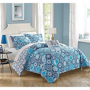 Chic Home Bristol 4 Piece Reversible Cover Set 100% Cotton Bohemian Inspired Contemporary Geometric Print Zipper Closure Bedding, Queen Duvet, Blue