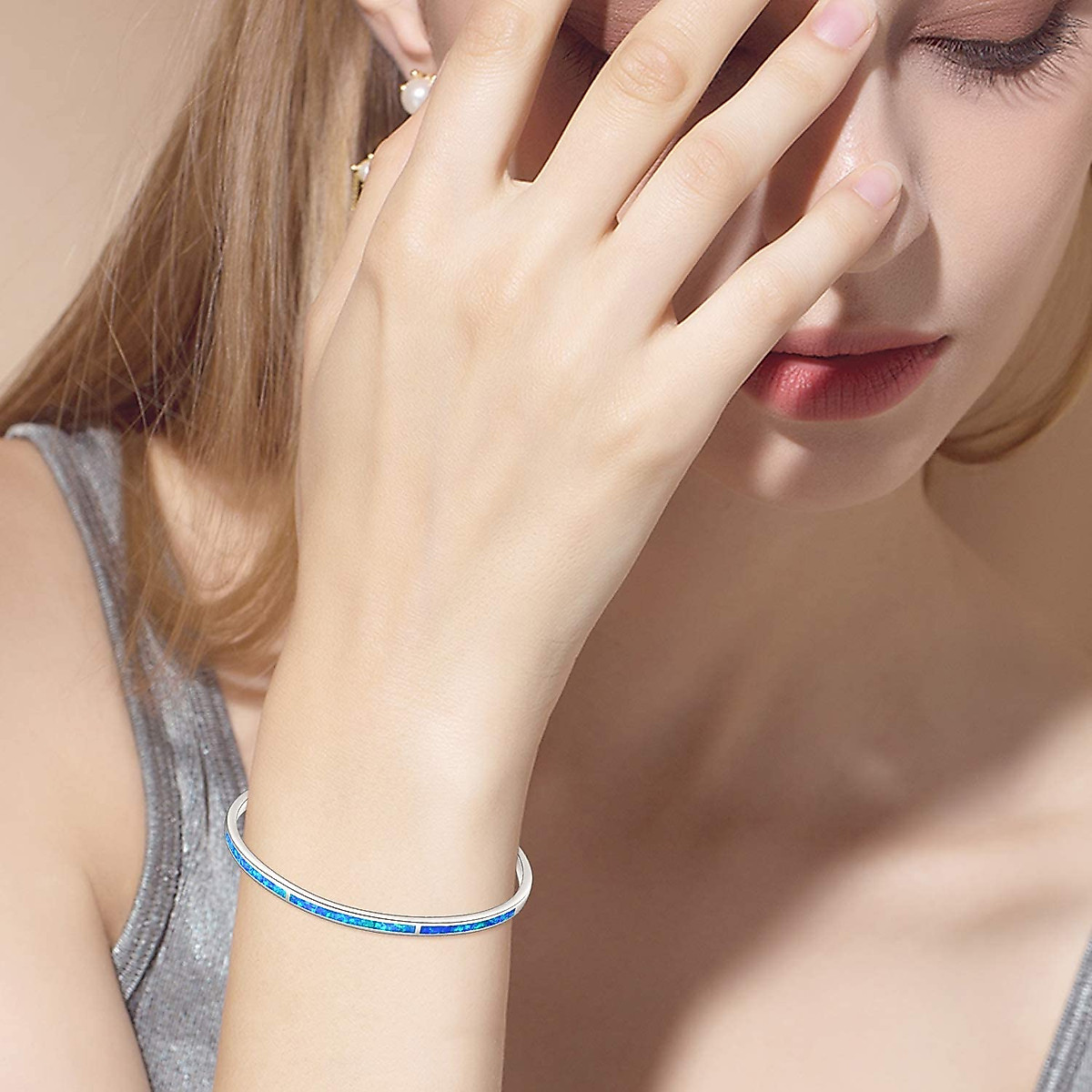 WINNICACA Opal Bracelet Sterling Sliver Blue Fire Opal Bracelets Cuff Bangle Bracelet Jewelry Gifts for Women Her Mom Girlfriend Daughter Wife Anniversary Birthday Gifts Ideas