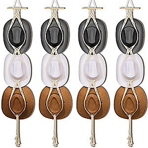 Hat Organizer Bohemian Hat Wall Hanging Wooden Hat Hooks Boho Hat Hangers for Wall Hanging Hat Display Hand Weaving Hat Rack Decorative Cap Holder for Wide Brim and Fedoras Baseball Caps (4 Pieces)
