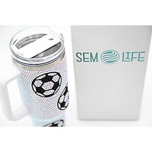 SEM LIFE 40 Oz Rhinestone Bling Tumbler with Handle and Straw (SOCCER), Stainless Steel and Double Wall Insulated