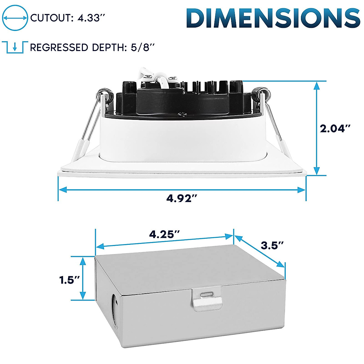 LUXRITE 4 Inch Square LED Recessed Ceiling Light with Junction Box, 15W, 5CCT Selectable 2700K/3000K/3500K/4000K/5000K, 1300LM High Brightness, Dimmable Canless Downlight, Wet Rated, ETL (6 Pack)