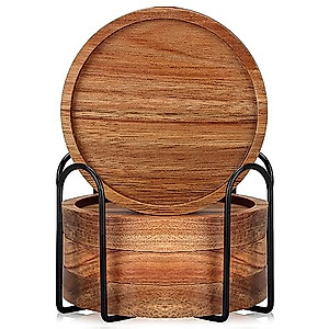 4 Pcs Best Wooden Coasters with Holder Cute Coasters Acacia Wood Drink Coaster Set Round Cool Beer Coaster Decor Beverage Cup Coasters Modern Bar Coasters Gift Best Coffee Table Coasters