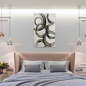 Hand-Painted Abstract Oil Painting Black White Circle Fine ArtHandmade Modern Acrylic Artwork Texture Painting Original Paintings Canvas Wall Art16x24inch(40x60cm)