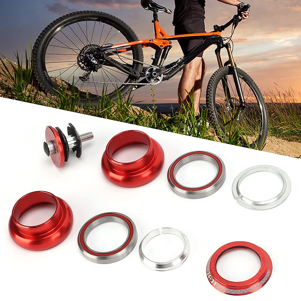 HERCHR Bike Headset, 34mm Bike Aluminum Alloy External Double Bearings Front Fork Stem Headset for Mountain Road Bike(Red)