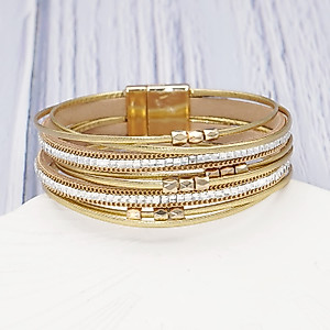 Wovanoo Leather Wrap Bracelets for Women Multi-layer Handmade Wristband Braided Rope Cuff Bangle Gift for Birthday, Monther's Day, Valentine's Day Crystal Gold