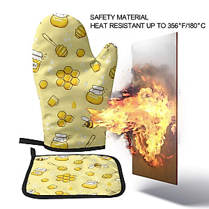 Bee Oven Mitts and Pot Holders Sets Heat Resistant Oven Gloves with Non-Slip Surface for Reusable for Baking BBQ Cooking