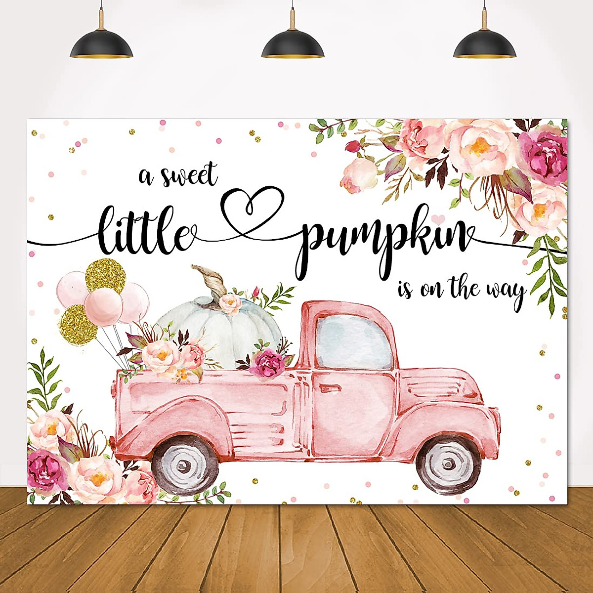 Lofaris Little Pumpkin Girl Baby Shower Photography Backdrops Props Fall Autumn Pink Floral Princess Baby Shower Party Decoration Car Gold Balloon Flowers Photo Studio Booth Background Banner 7x5ft