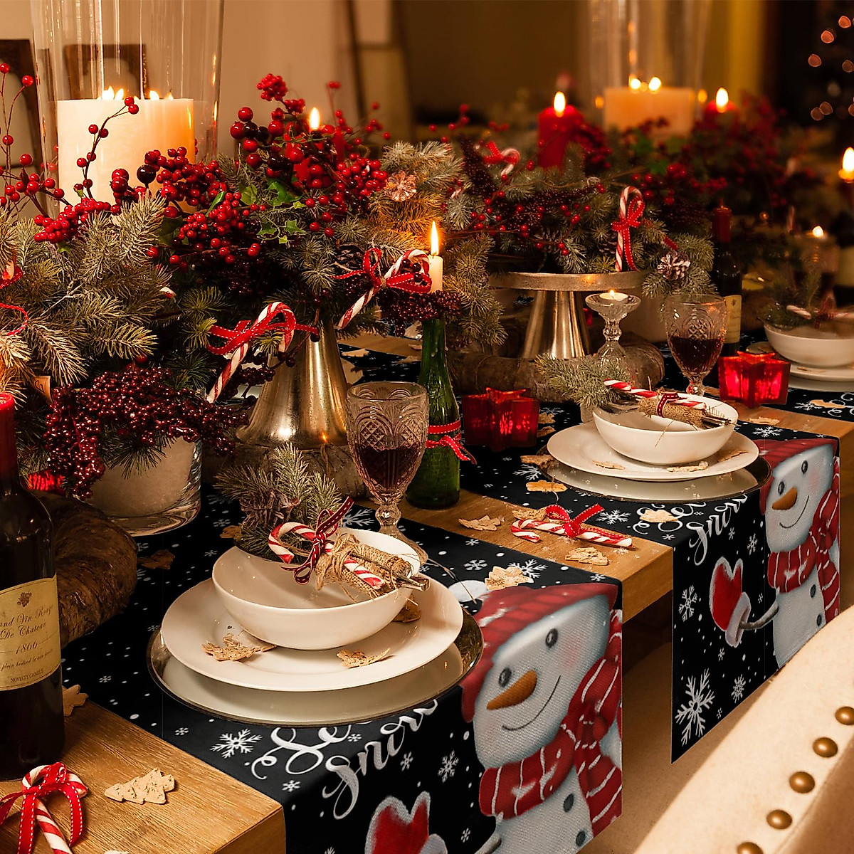 Black Snowman Christmas Table Runner 60 Inches Long, Xmas Winter Snowflake Farmhouse Dress Scarves, Classic Black Dining Tablerunner for Coffee Table/Kitchen Island/Party Christmas Décor, 13" x 60"