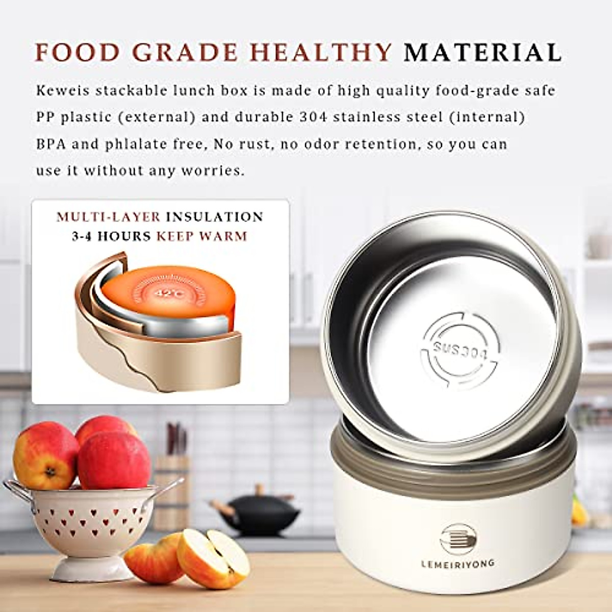 Keweis Bento Lunch Box Set, Set of 2 Insulated Lunch Containers with Thermal Bag, Stackable Stainless Steel Leakproof Lunch Boxes for Adults Kids, Portable Food Container with Date Record