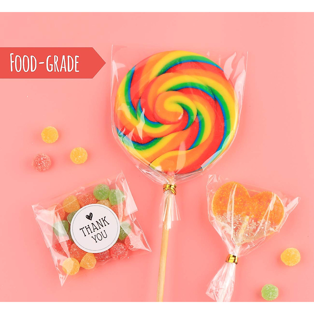 200Pcs Candy Treat Bags 4" x 6" Clear Cellophane Bag& 2.8'' x 4'' Small Treat Bags with Ties, Thickening Plastic Party Favor Bags for Lollipop Bags Cookie Chocolate Wrapping