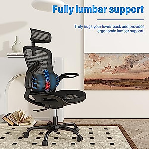 GABRYLLY Ergonomic Office Desk Chair, High Back Mesh Chair with Adjustable Flip-up Arms & Headrest, Swivel Computer Task Chair with Lumbar Support, Tilt Function for Home,Office & Student(Black)